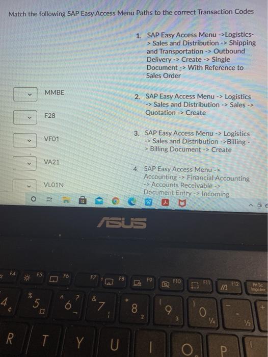 Solved Match the following SAP Easy Access Menu Paths to the | Chegg.com