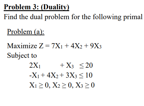 Solved Problem 3: (Duality)Find the dual problem for the | Chegg.com