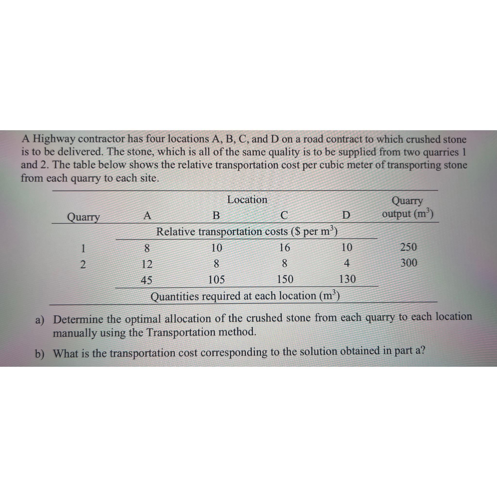 Solved A Highway contractor has four locations A, ﻿B, ﻿C, | Chegg.com
