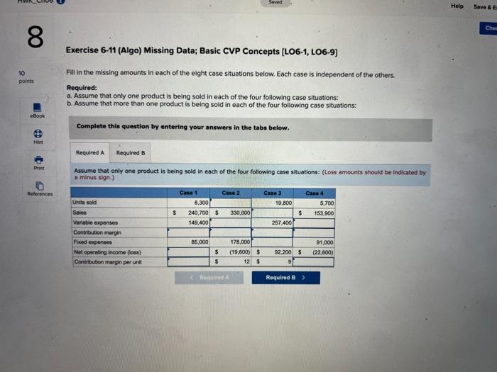 Solved Exercise 6-11 (Algo) Missing Data; Basic CVP Concepts | Chegg.com