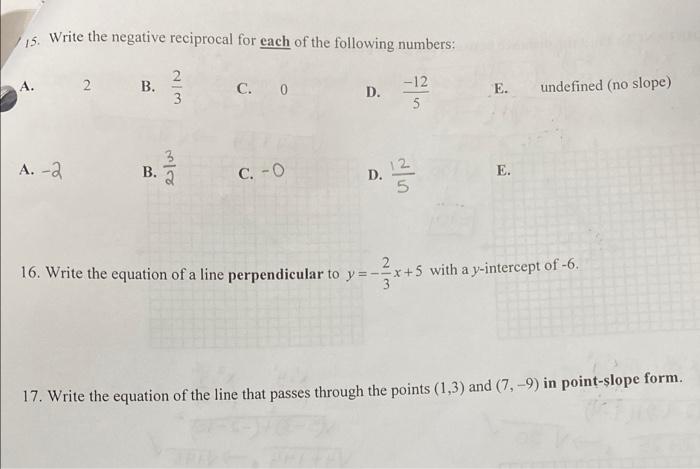 Solved 15. Write the negative reciprocal for each of the | Chegg.com