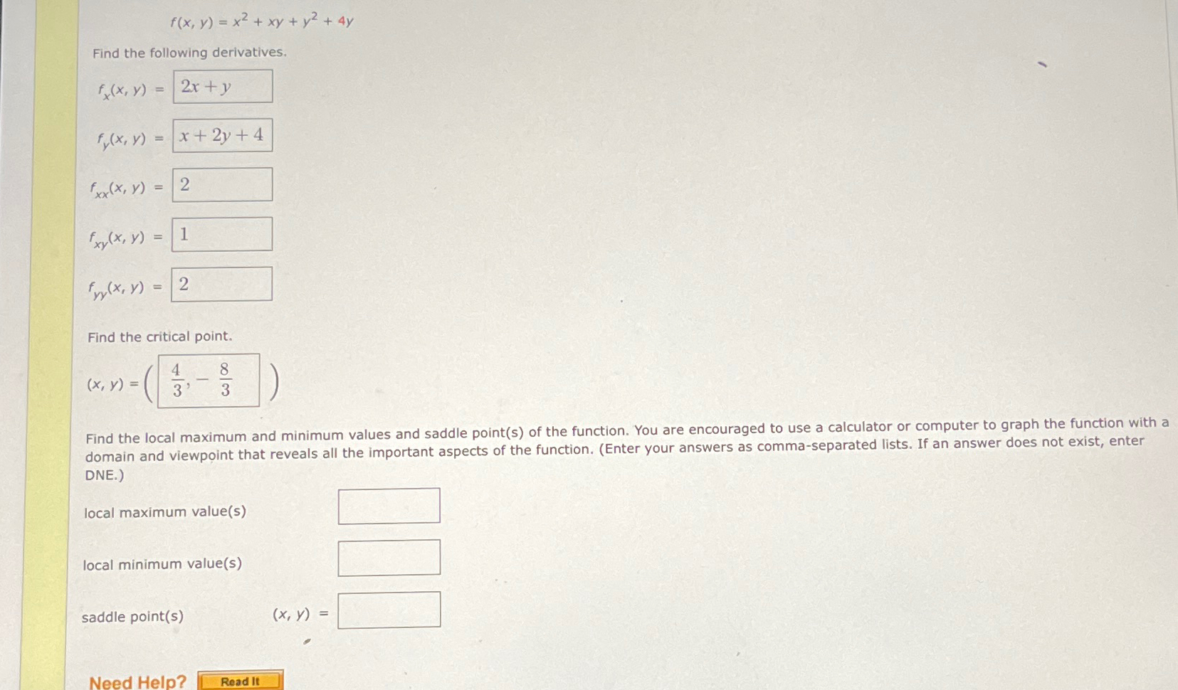 Solved f(x,y)=x2+xy+y2+4yFind the following | Chegg.com
