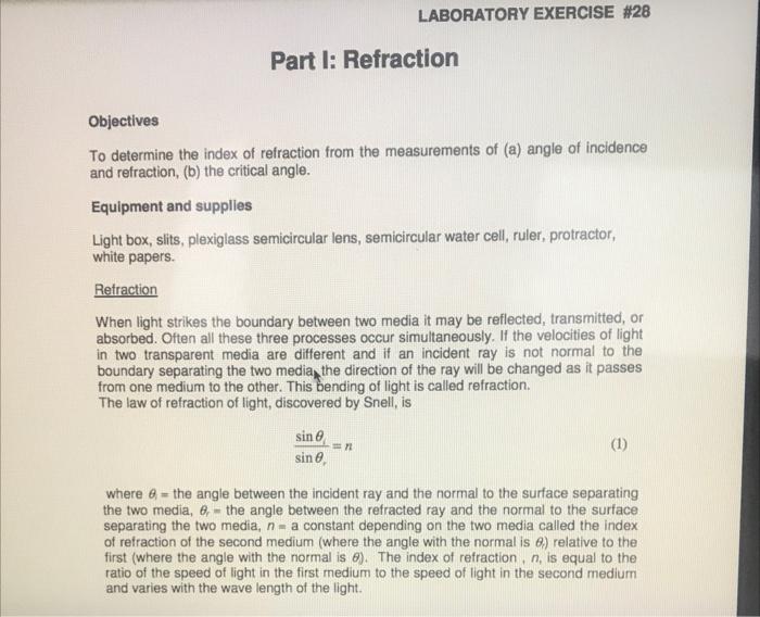 LABORATORY EXERCISE #28 Part I: Refraction Objectives | Chegg.com