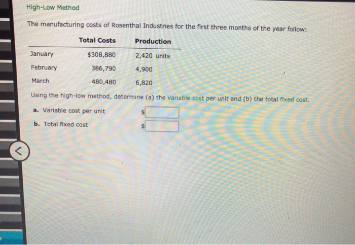 Solved High-Low Method The manufacturing costs of Rosenthal | Chegg.com