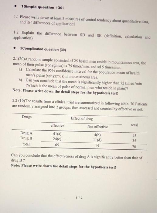 Solved 1.1 Please write down at least 3 measures of central | Chegg.com