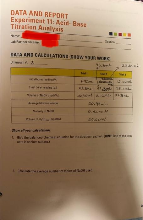 Solved DATA AND REPORT Experiment 11: Acid-Base Titration | Chegg.com