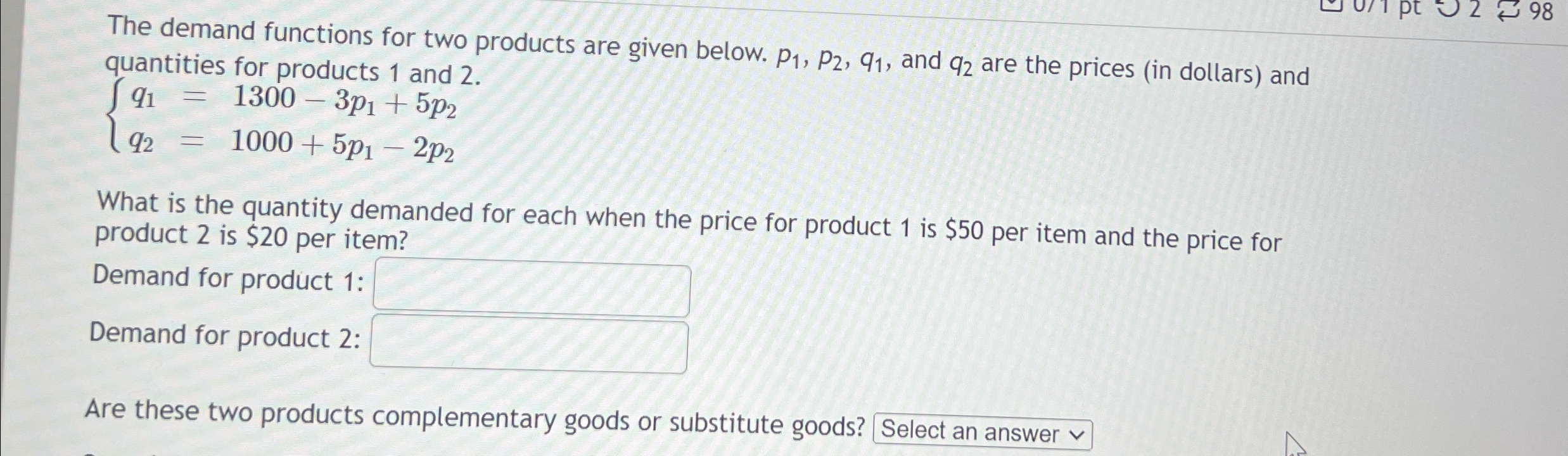 Solved The demand functions for two products are given | Chegg.com