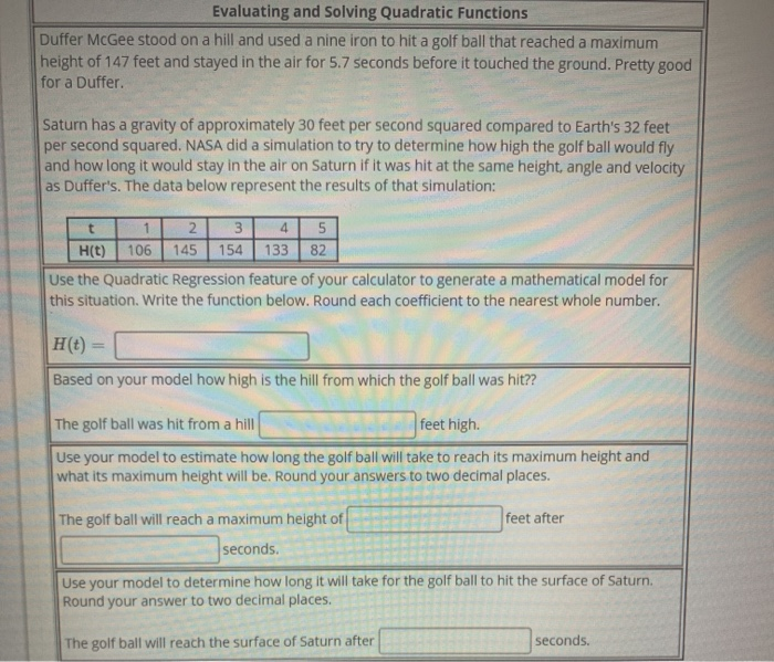 Solved Evaluating and Solving Quadratic Functions Duffer | Chegg.com