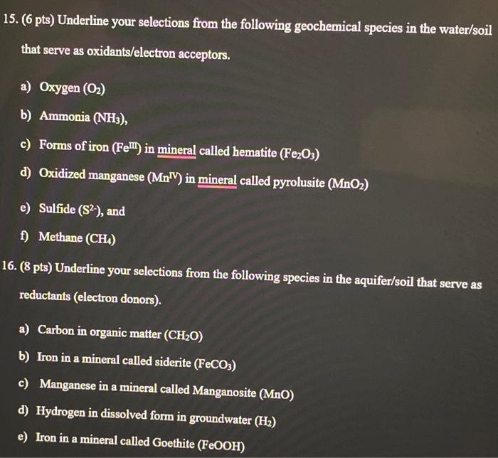 Solved 15. (6 pts) Underline your selections from the | Chegg.com