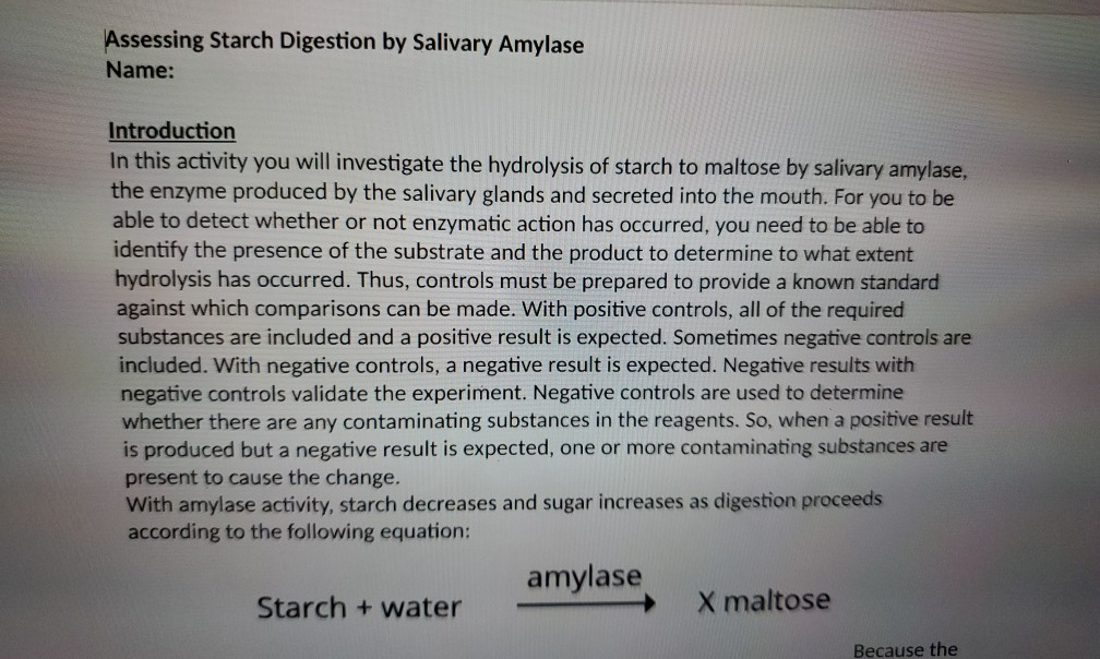 Solved Assessing Starch Digestion by Salivary Amylase Name: | Chegg.com