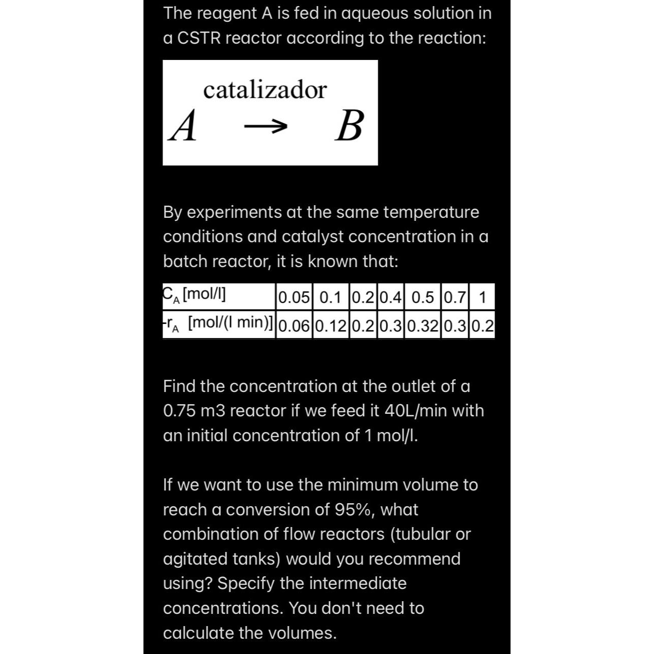 Solved The reagent A ﻿is fed in aqueous solution in a CSTR | Chegg.com