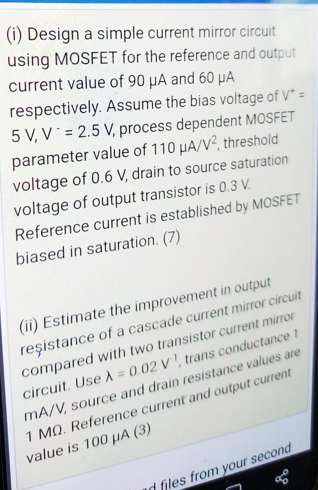 (i) Design a simple current mirror circuit using | Chegg.com