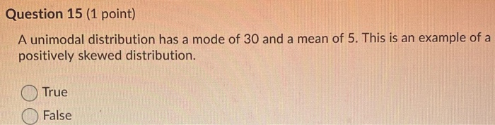 Solved Question 15 (1 point) A unimodal distribution has a | Chegg.com