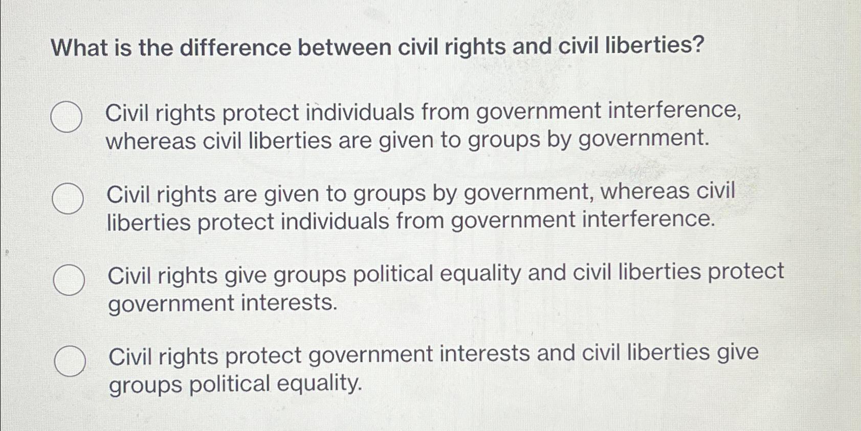 Solved What is the difference between civil rights and civil | Chegg.com