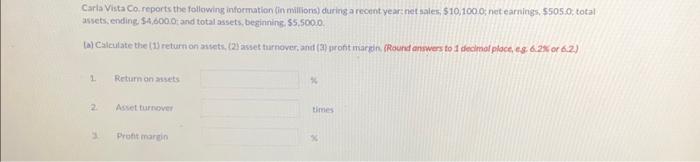 Solved Carla Vista Co, reports the following information (in | Chegg.com