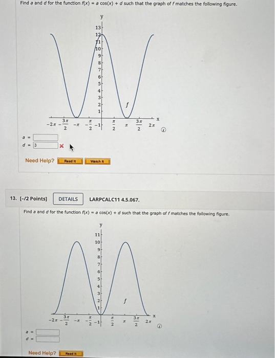 Solved Find a and d for the function f(x)=acos(x)+d such | Chegg.com