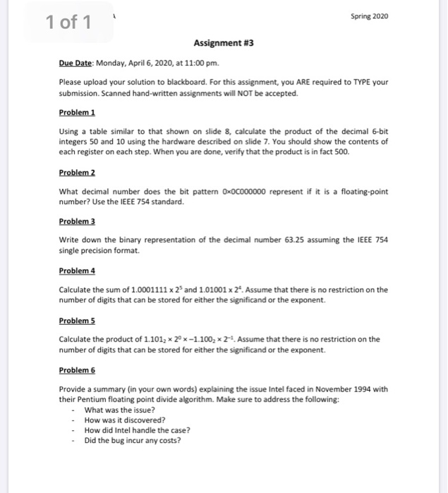 Solved Spring 2020 1 of 1 Assignment #3 Due Date: Monday, | Chegg.com