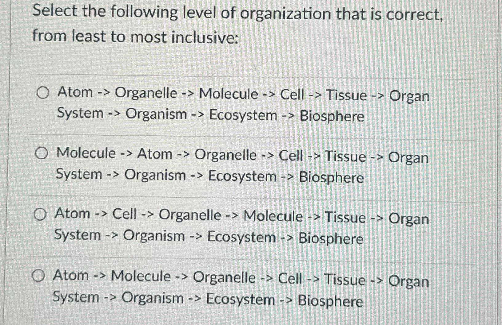 Solved Select the following level of organization that is | Chegg.com