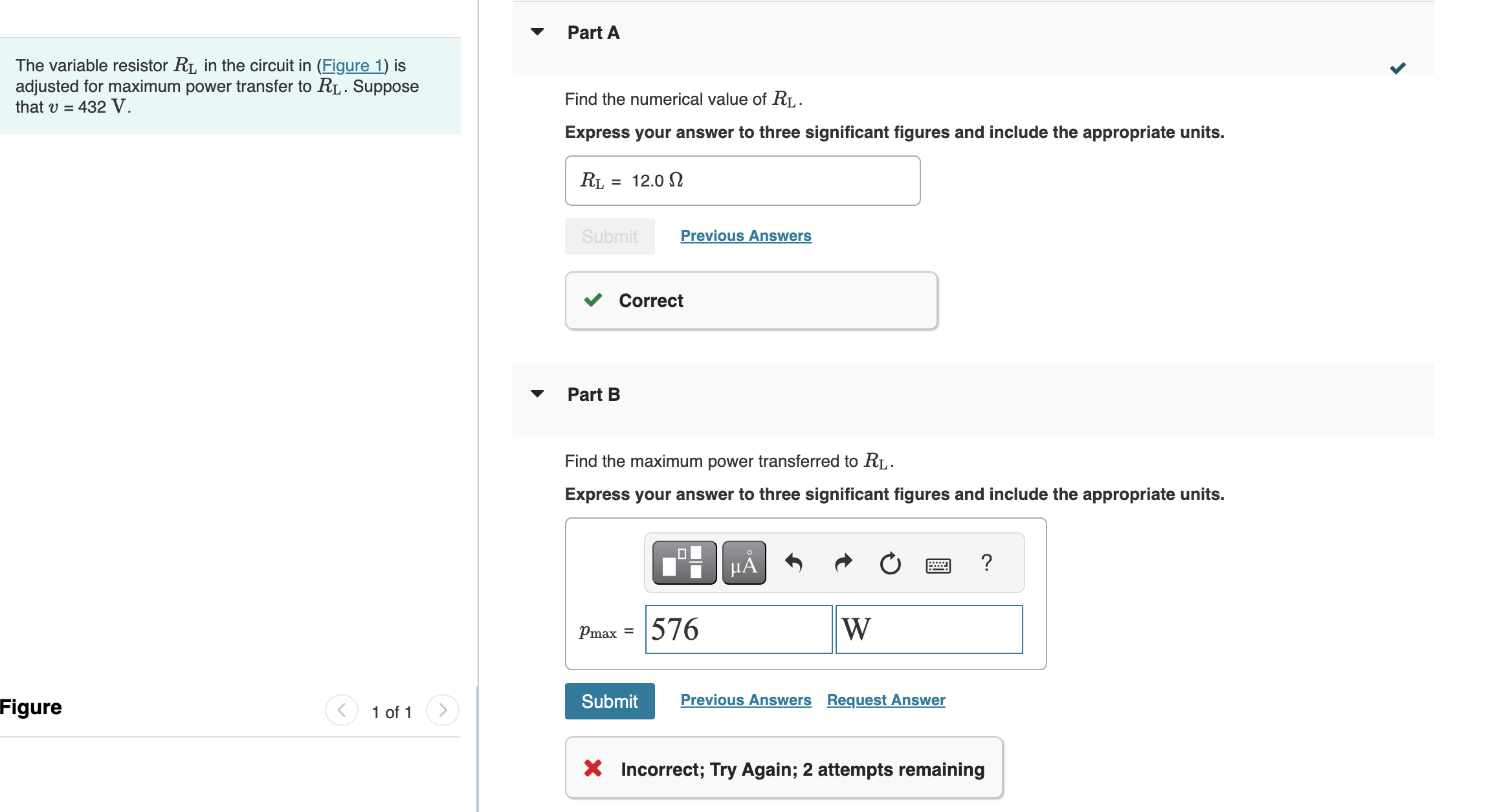 Solved Part AThe variable resistor RL in ﻿the circuit | Chegg.com