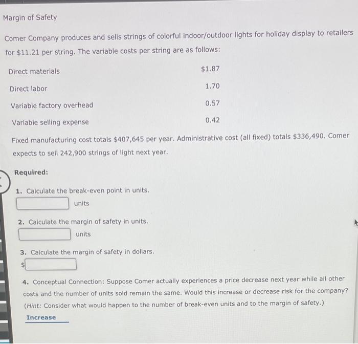 Solved Margin of Safety Comer Company produces and sells | Chegg.com