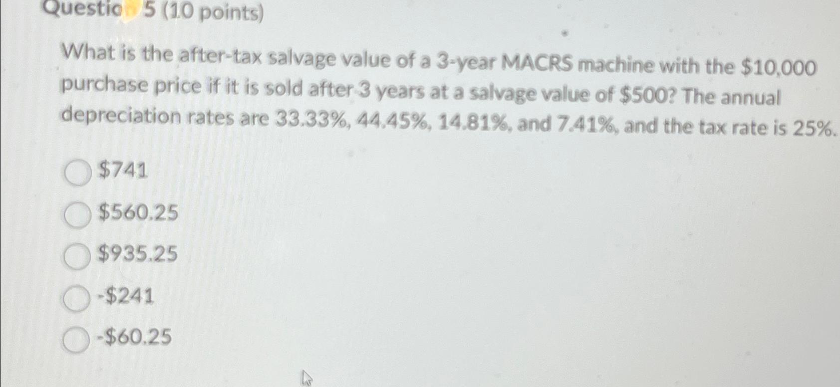 Solved Questio 5 (10 ﻿points)What is the after-tax salvage | Chegg.com