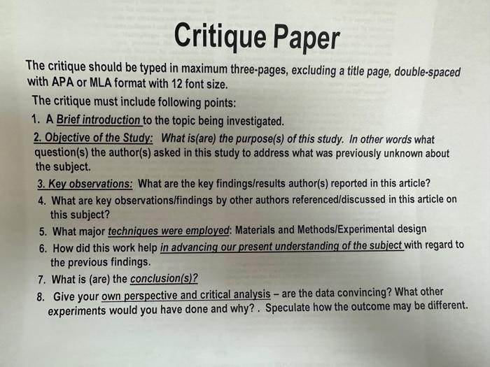 Critique Paper Format Features AND Structure OF A Critique Paper