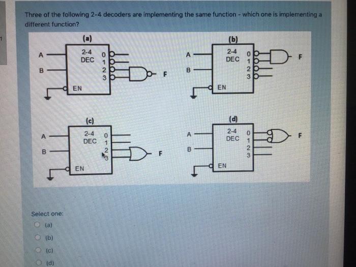 Solved Three of the following 2-4 decoders are implementing | Chegg.com