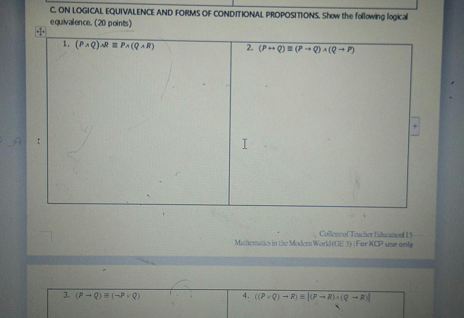 Solved CON LOGICAL EQUIVALENCE AND FORMS OF CONDITIONAL | Chegg.com