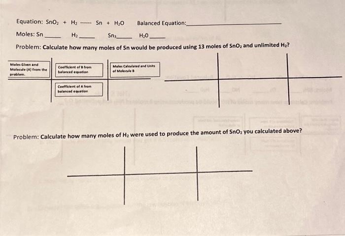 Solved Equation: SnO2+H2⋯Sn+H2O Balanced Equation: Moles: Sn | Chegg.com