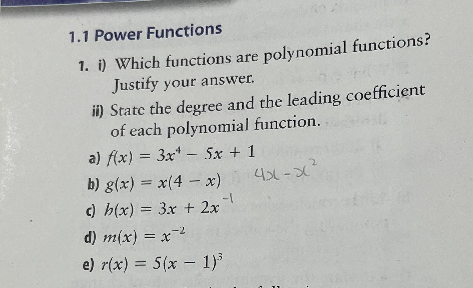 Solved 1.1 ﻿Power Functionsi) ﻿Which functions are | Chegg.com