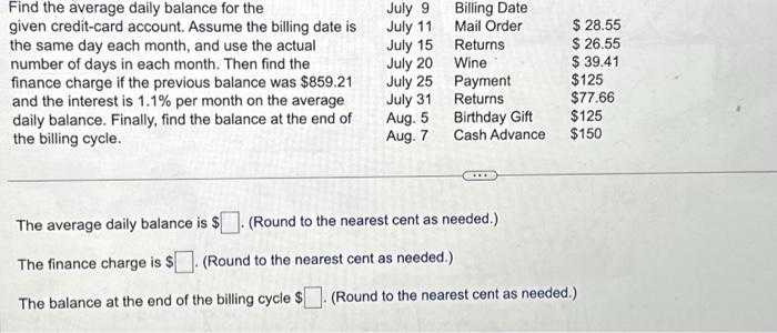 Solved Find the average daily balance for the given | Chegg.com