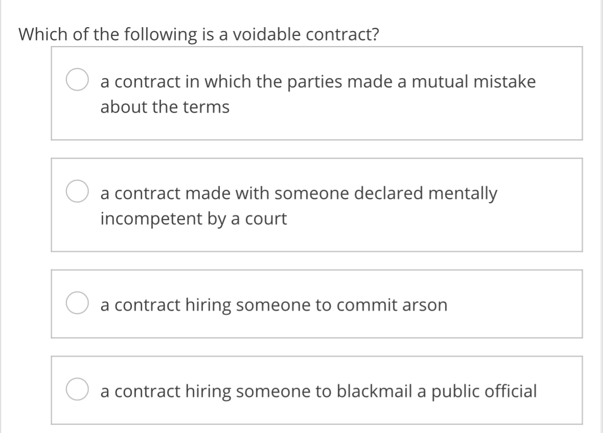 Solved Which of the following is a voidable contract?a | Chegg.com