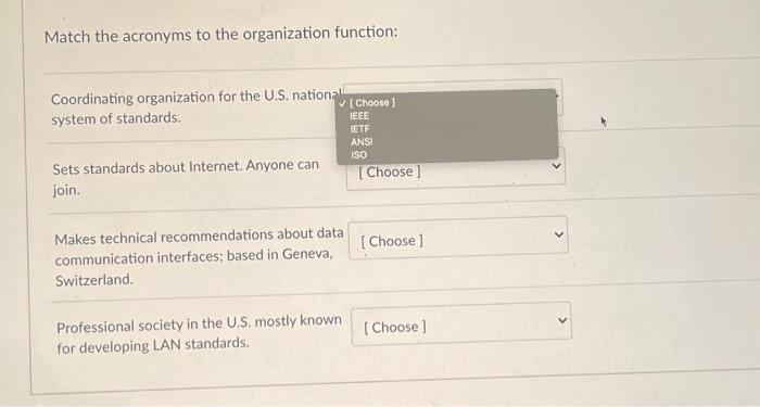 Solved Match the acronyms to the organization function: IEEE | Chegg.com
