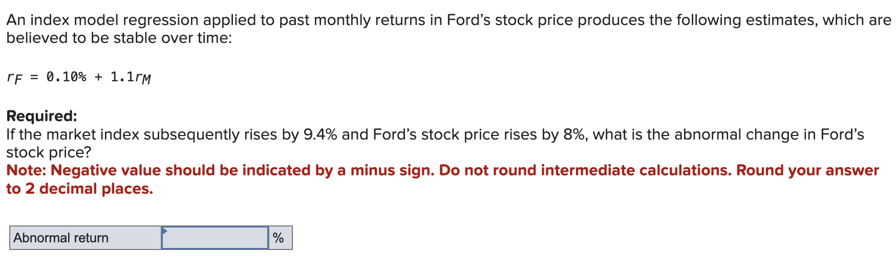 Solved An index model regression applied to past monthly | Chegg.com