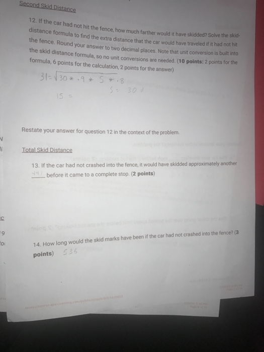 Second Skid Distance 12. If the car had not hit the | Chegg.com