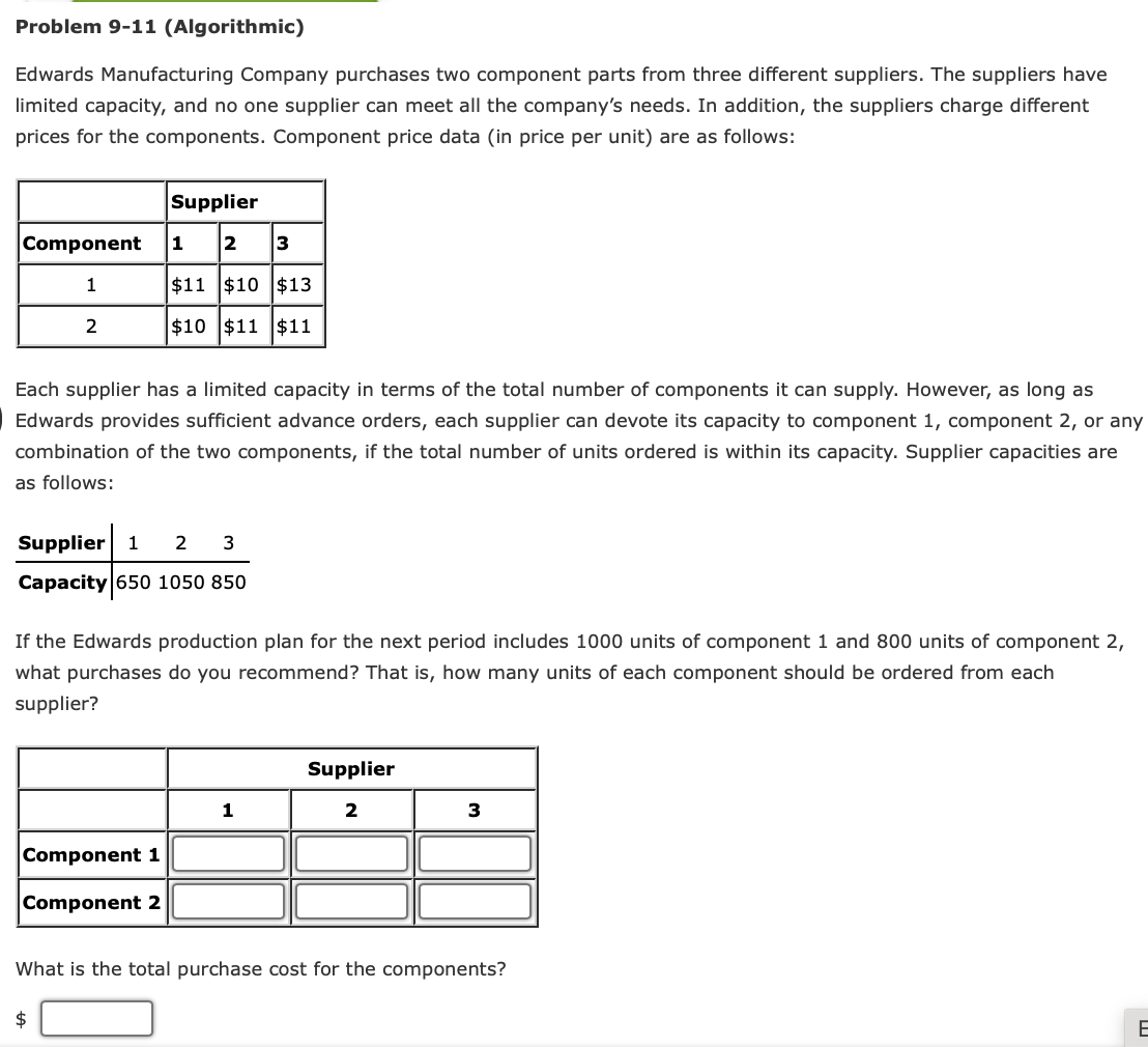 Solved Problem 9-11 (Algorithmic)Edwards Manufacturing | Chegg.com