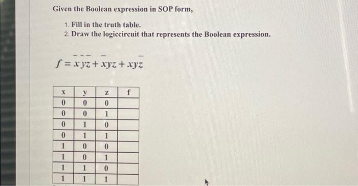 Solved Given the Boolean expression in SOP form, 1. Fill in | Chegg.com
