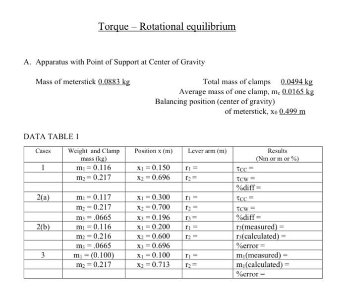 Solved Torque - Rotational equilibrium A. Apparatus with | Chegg.com