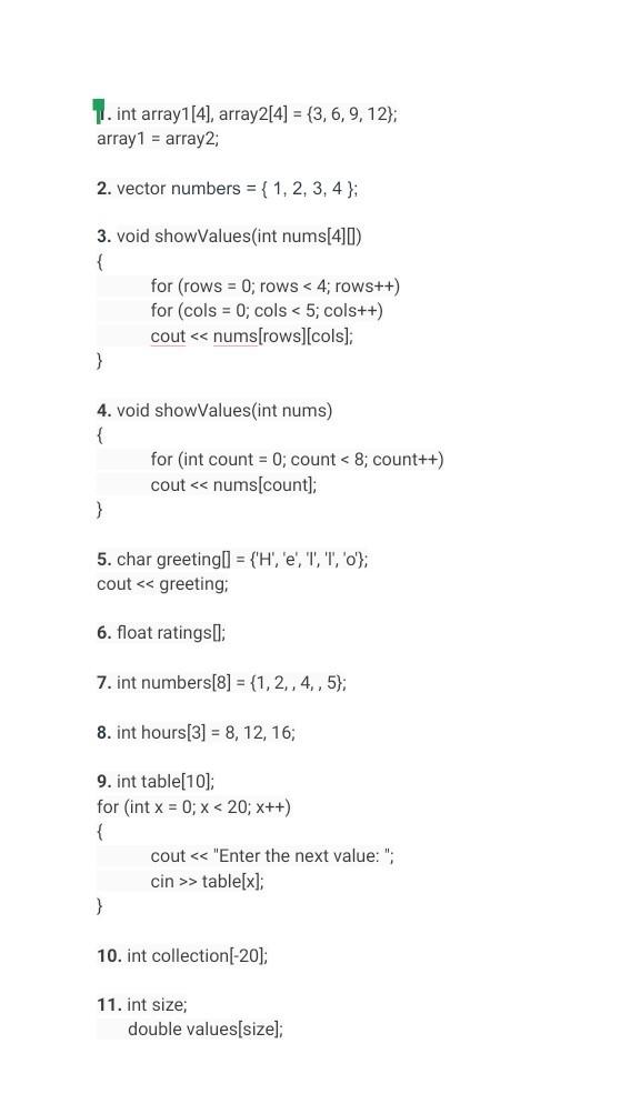 Solved Match Each Number to its Error 1) The size declarator | Chegg.com