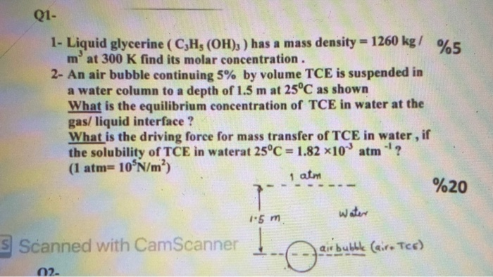 Solved Q1- %5 1- Liquid glycerine ( C3H5(OH), ) has a mass | Chegg.com