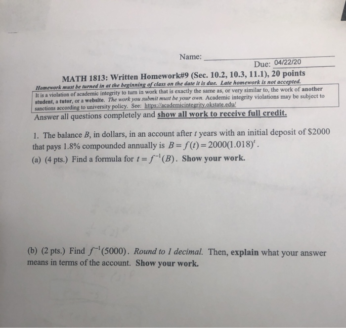 Solved Name: Due: 04/22/20 MATH 1813: Written Homework#9 | Chegg.com