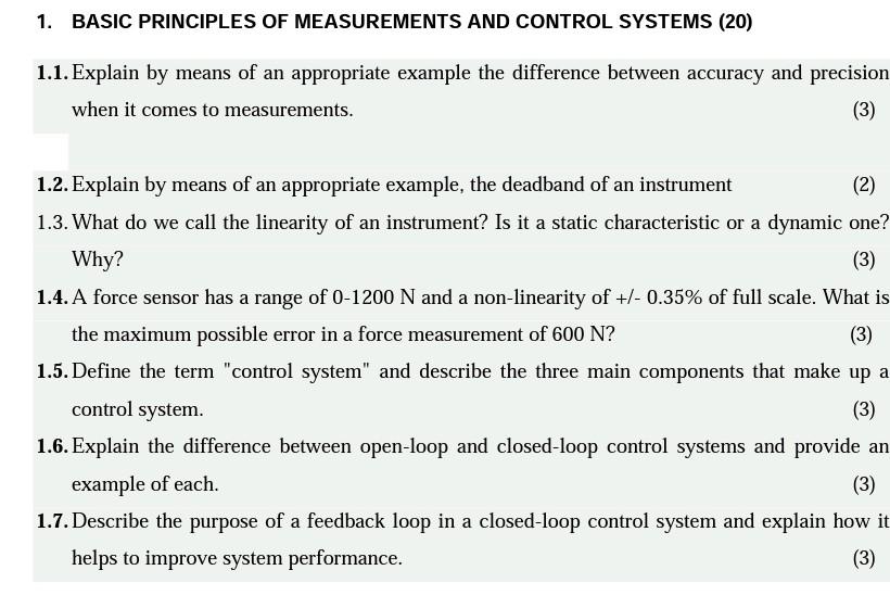 Solved 1. BASIC PRINCIPLES OF MEASUREMENTS AND CONTROL | Chegg.com