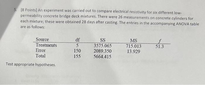 Solved 5. [8 Points] An experiment was carried out to | Chegg.com