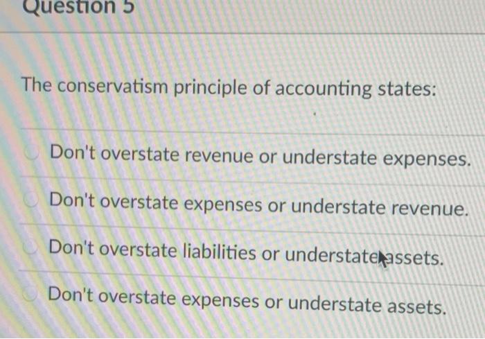 Solved Question 5 The conservatism principle of accounting | Chegg.com