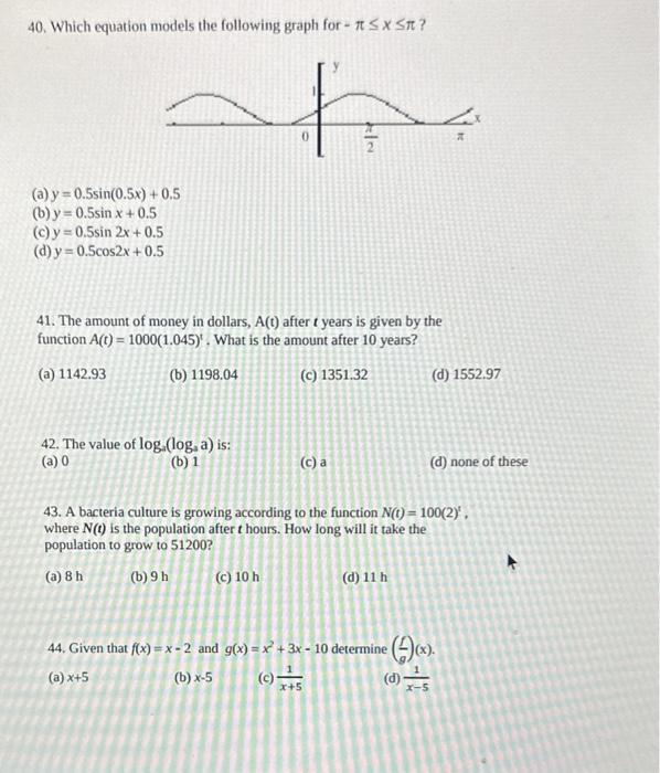 Solved 40. Which equation models the following graph for | Chegg.com