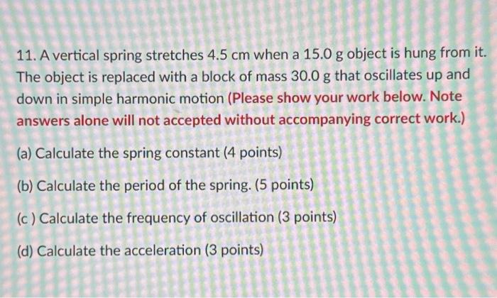 Solved 11. A vertical spring stretches 4.5 cm when a 15.0 g | Chegg.com