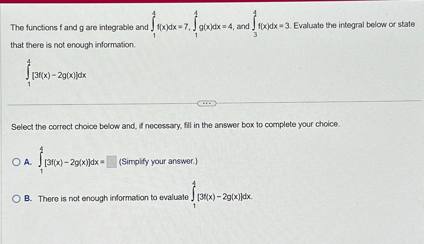 Solved The functions f ﻿and g ﻿are integrable and | Chegg.com