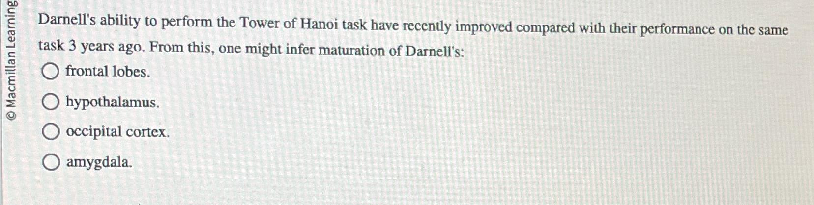 Solved Darnell's ability to perform the Tower of Hanoi task | Chegg.com
