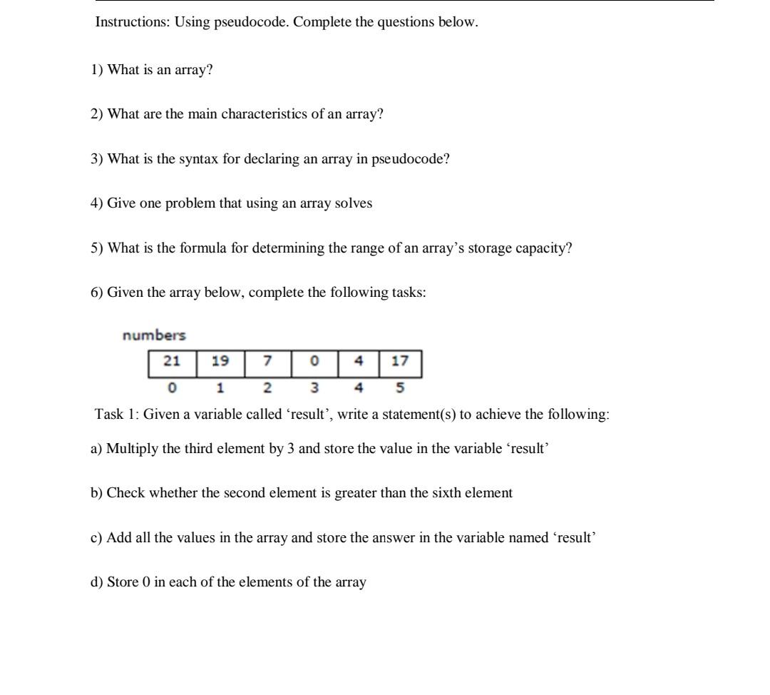 Solved Instructions: Using pseudocode. Complete the | Chegg.com