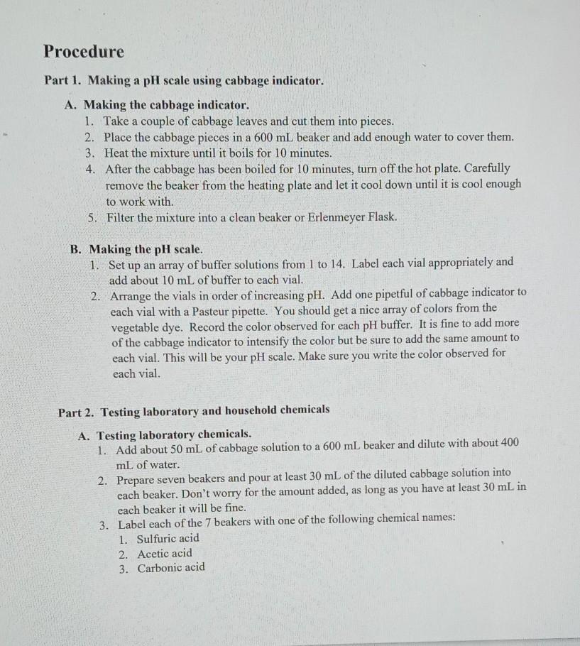 Procedure Part 1. Making a pH scale using cabbage | Chegg.com